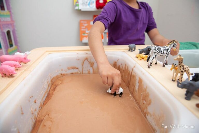 Muddy Oobleck Sensory Table With Animals - Fun with Mama