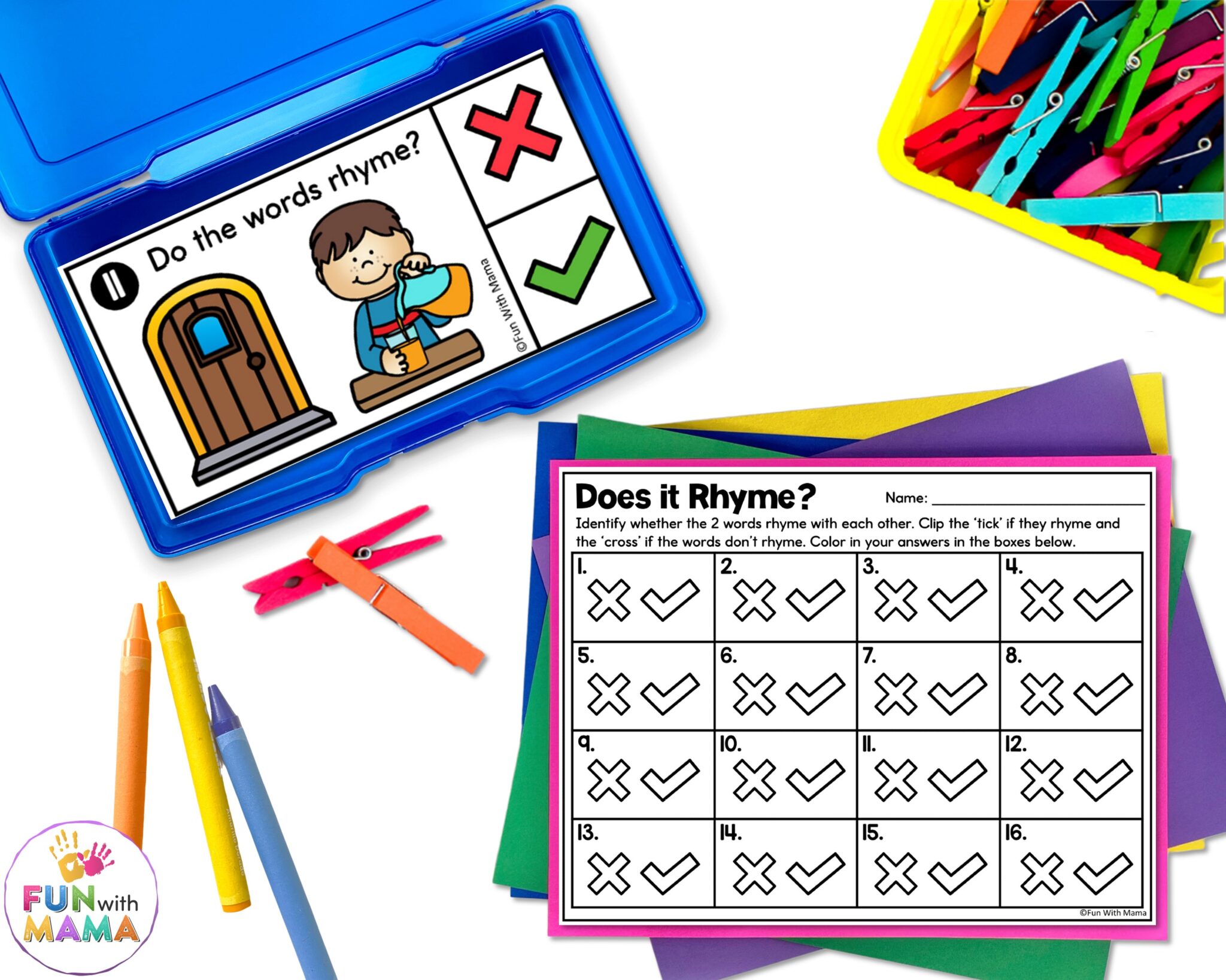 Rhyming Words for Kids Clip Cards - Does it Rhyme? - Fun with Mama