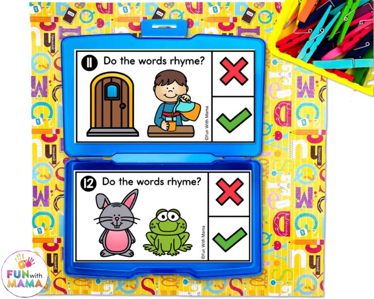 Rhyming Words for Kids Clip Cards - Does it Rhyme? - Fun with Mama